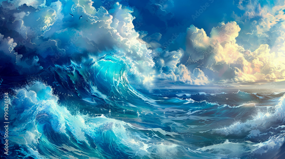 Sea water ocean wave. Blue wave in the azure ocean under a cloud filled ...