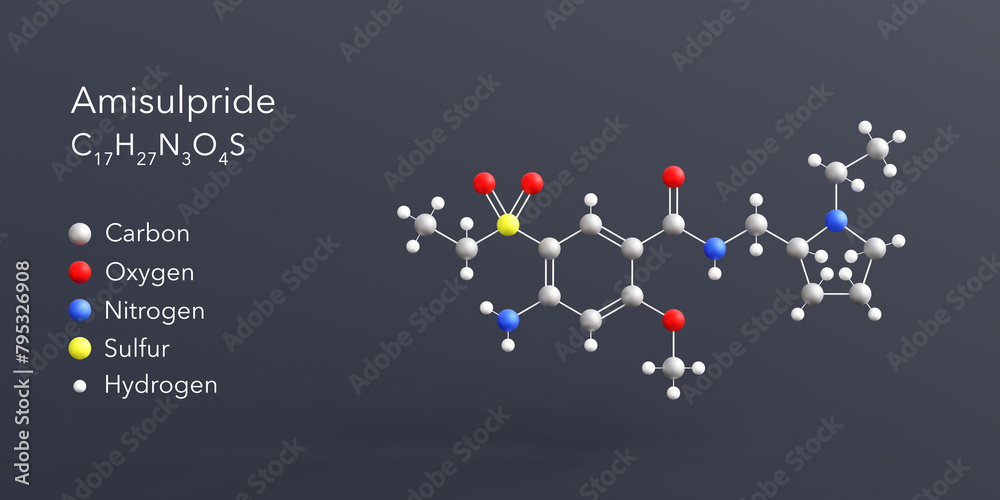 amisulpride molecule 3d rendering, flat molecular structure with ...