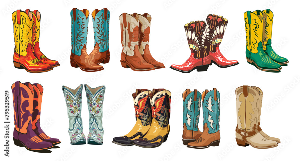 Collection of different cowgirl boots. Traditional western cowboy boots ...