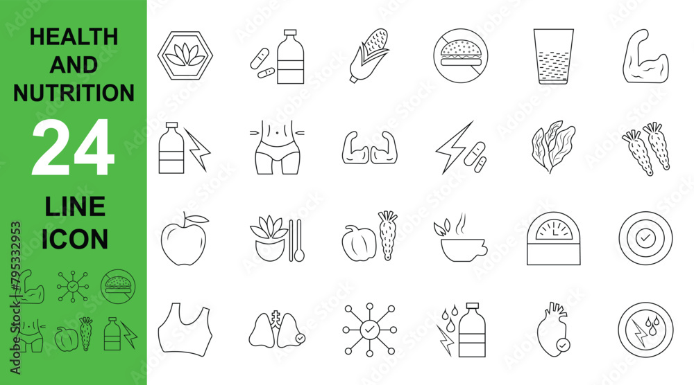 Health and nutrition flat line icon set design modern thin line style ...