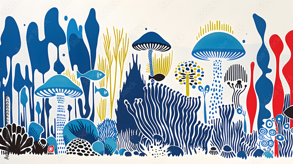 Hand drawn design Underwater world, ocean, sea, fish and shells ...