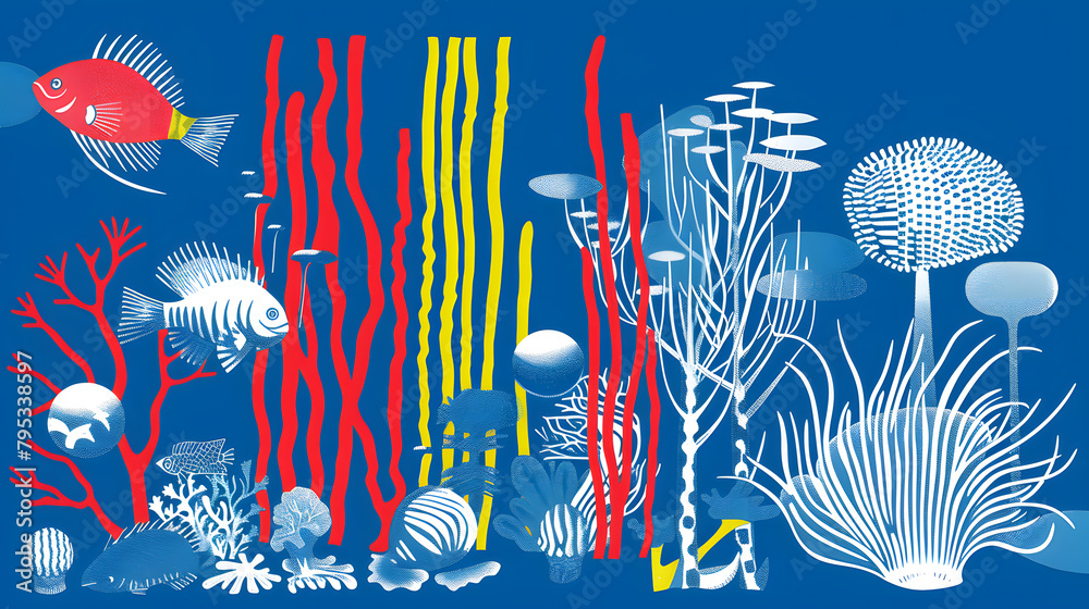 Hand drawn design Underwater world, ocean, sea, fish and shells ...