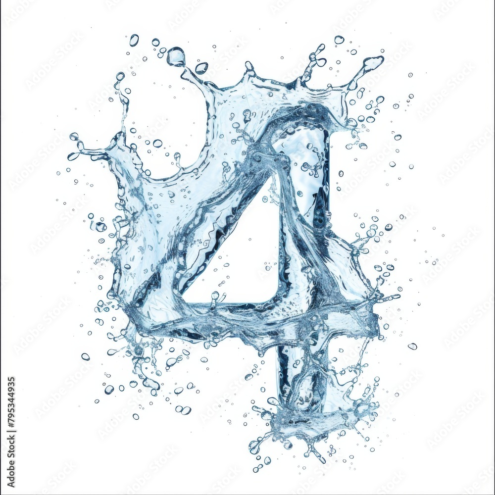 Number 4 made from water splashes. Blue water splash alphabet isolated ...