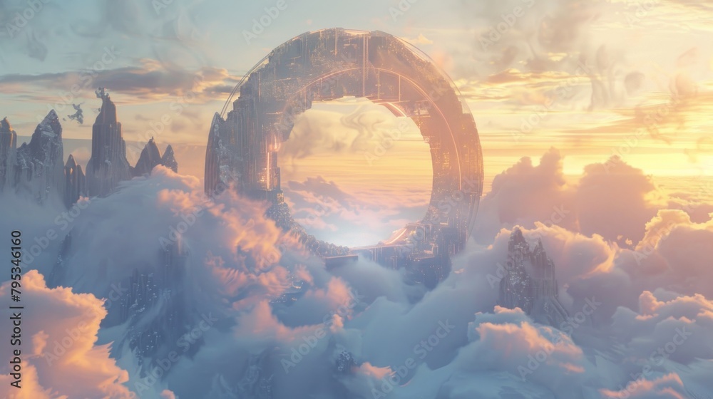 Gateway to digital dreamscapes A portal suspended in the sky among clouds offers a glimpse into ...