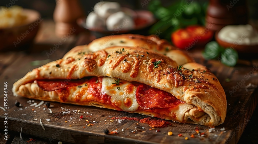Mozzarella and pepperoni calzone, featuring a golden crust and rich ...