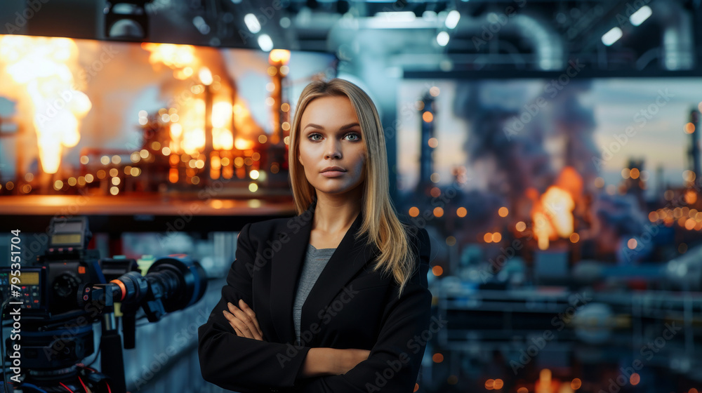 News Anchor Reporting on Industrial Catastrophe, A composed news anchor ...
