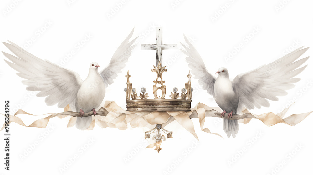 Holy trinity, symbol by crown, cross, and dove, depicted in watercolor ...