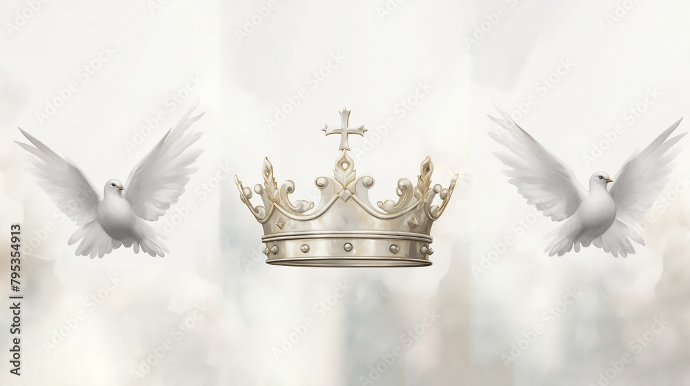 Holy trinity, symbol by crown, cross, and dove, depicted in watercolor ...