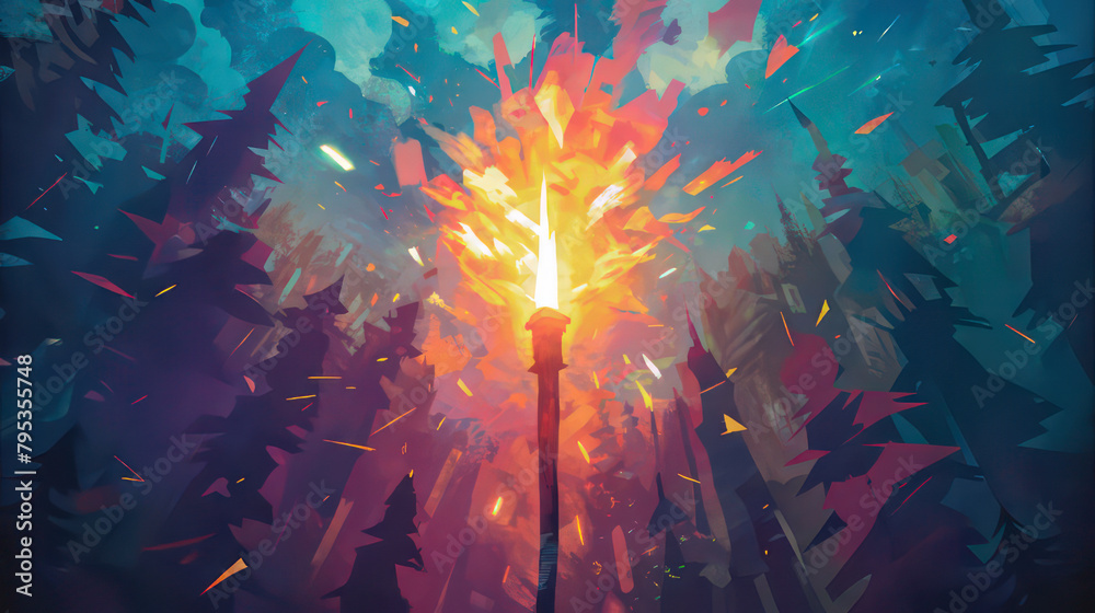 Torch in the forest, animated illustration, live colors, Illustration ...