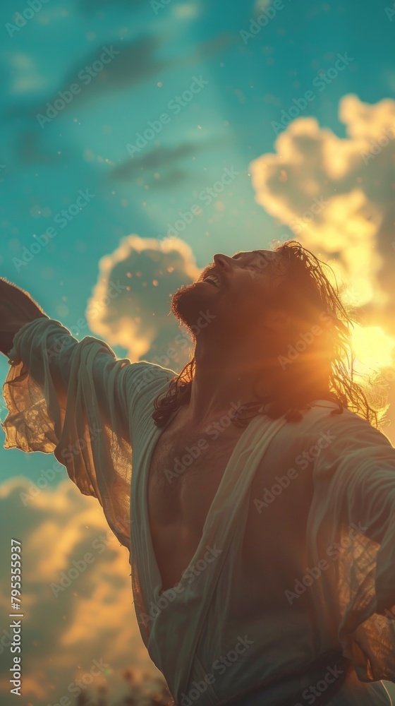 Jesus Christ with open arms reaching out in the sky, hand gestures of ...