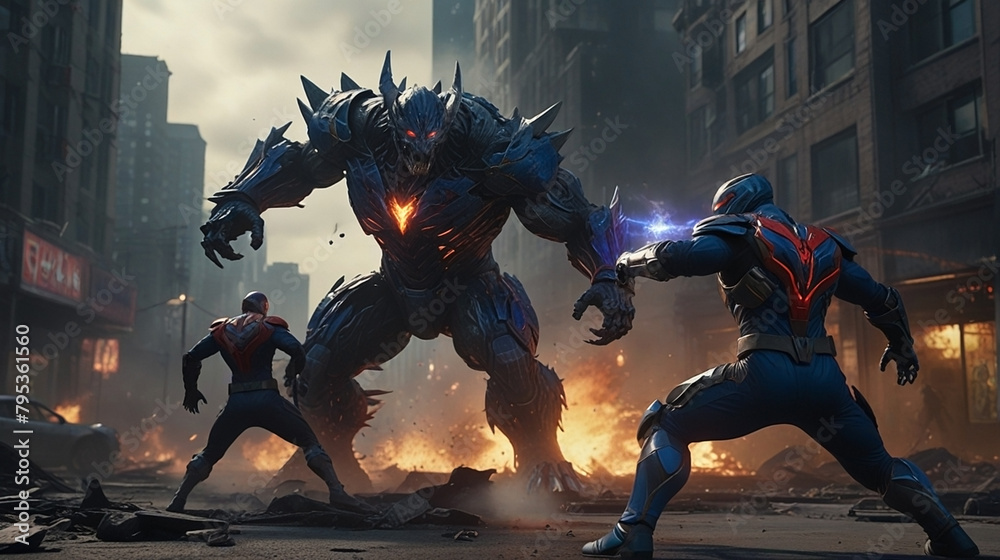 ultramen fighting monsters in the city Stock Photo | Adobe Stock