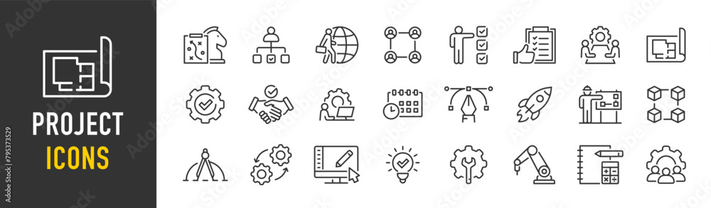 Project web icons in line style. Management, strategy, plan, startup ...
