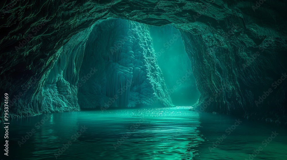 Picture a mysterious and enchanting underwater cave illuminated by neon ...