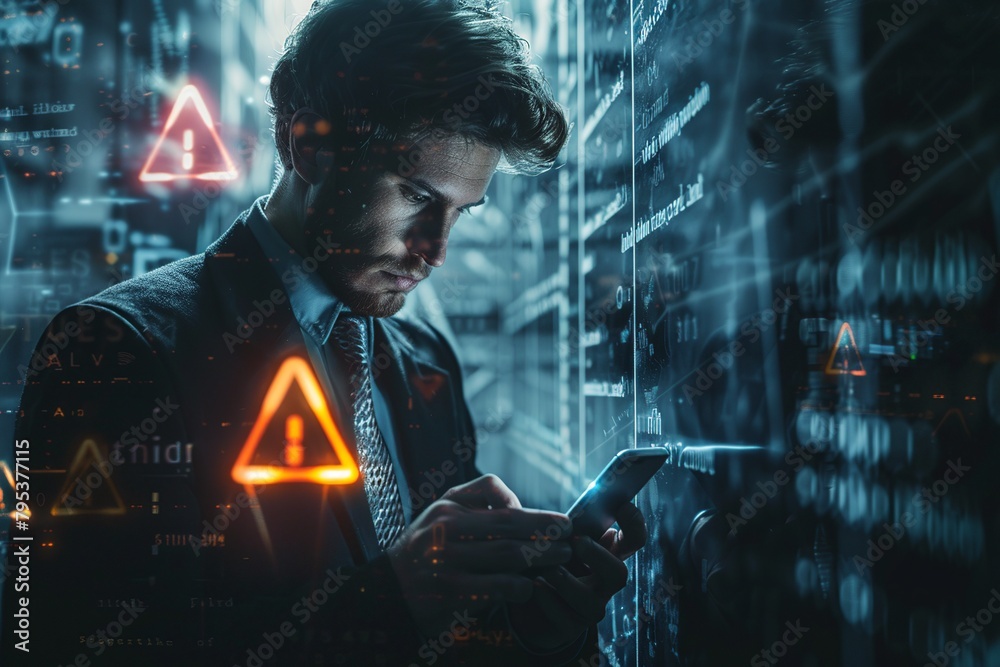 Visualize a captivating image featuring a businessman engrossed in his ...