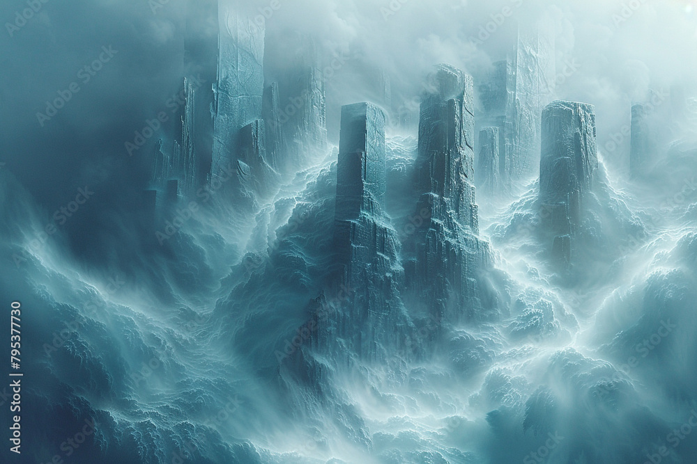 Ethereal mist swirling around abstract monoliths, shrouding the landscape in a veil of enigmatic ...