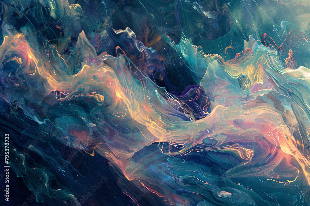 Fluid waves of iridescence cascading across a digital canvas, creating ...