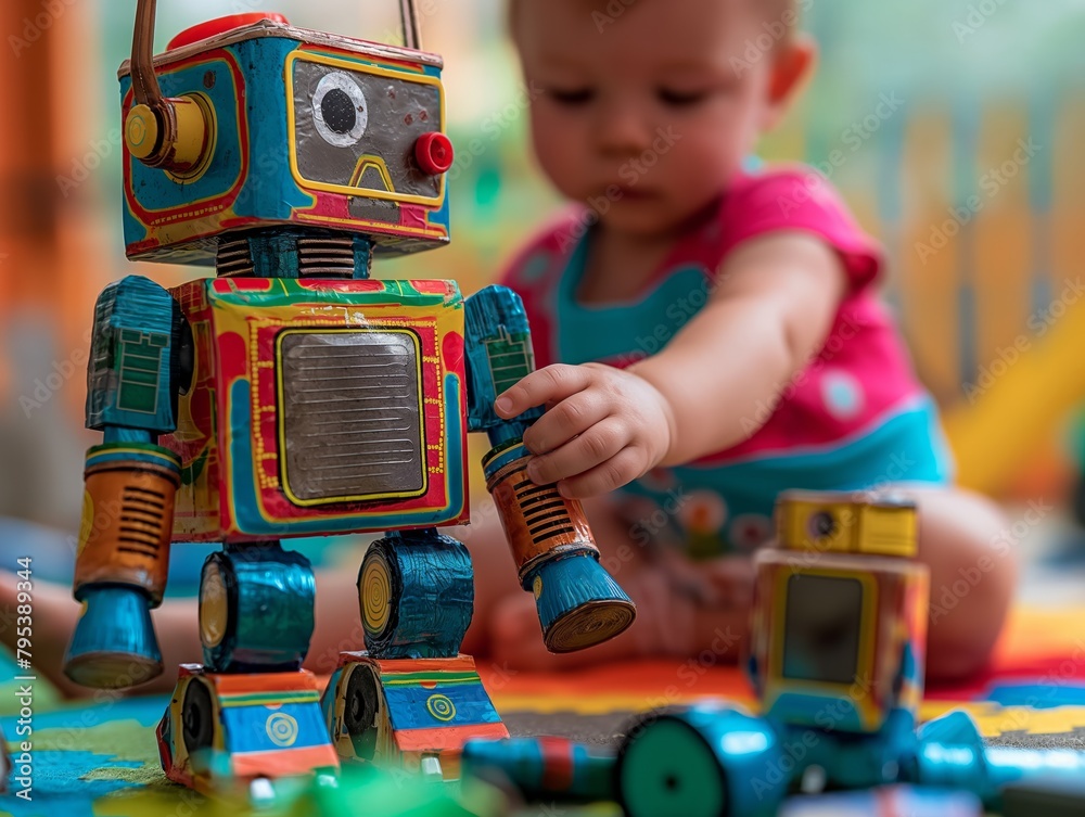 A baby is playing with a robot toy. The robot is made of cardboard and ...