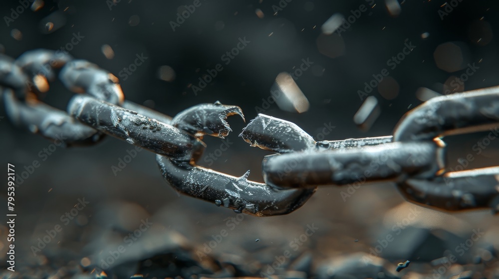A dark, detailed, high-quality render of a chain breaking in slow ...