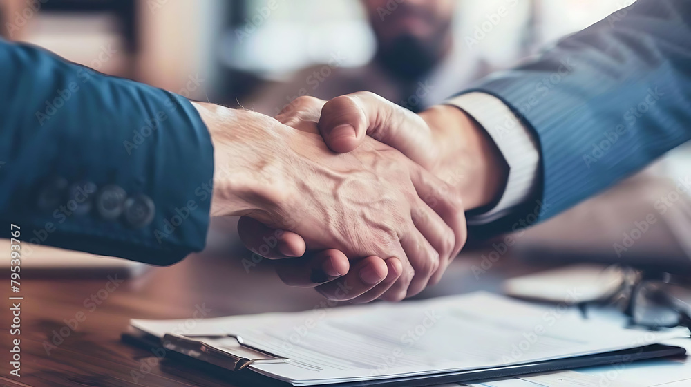 Shake hands over wooden table with paper and glasses in background ...