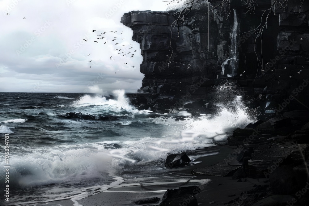 Smooth water and breaking ways of a bay with snow-covered mountains in ...