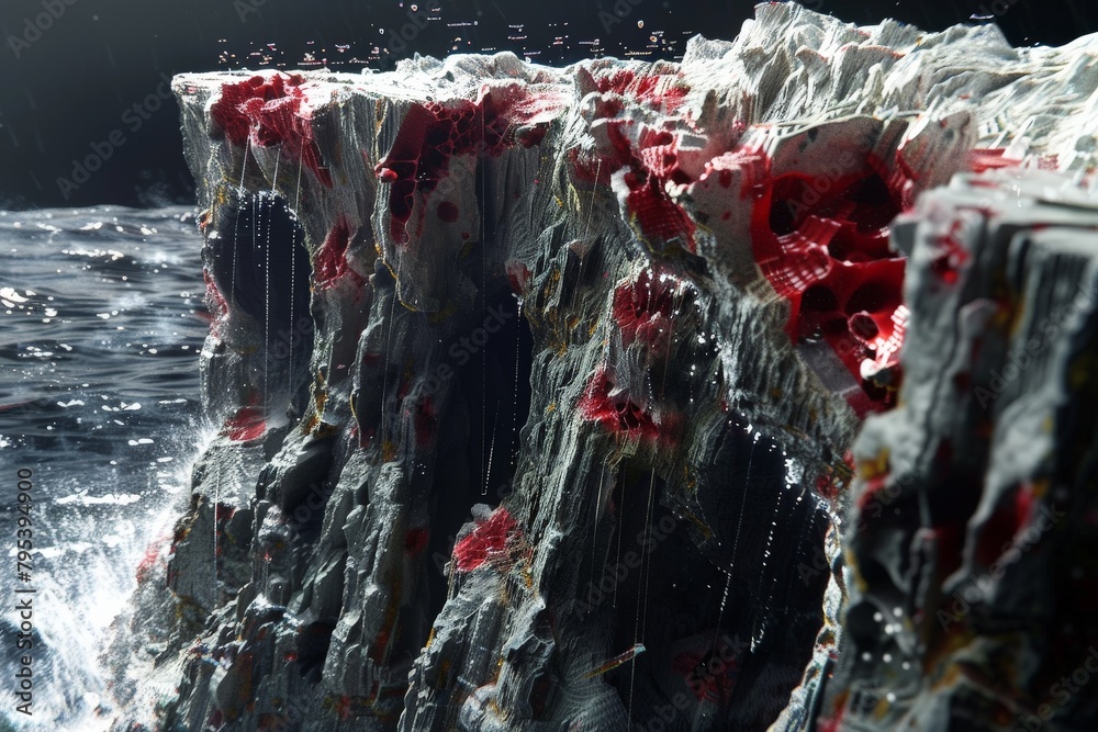 Smooth water and breaking ways of a bay with snow-covered mountains in ...