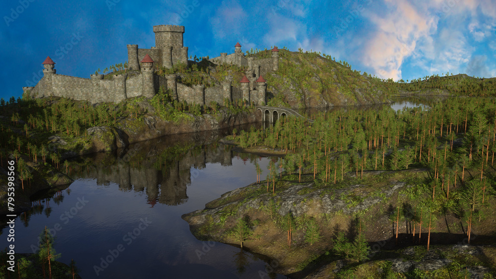 Medieval castle built on a hill in a forest landscape with a bridge ...