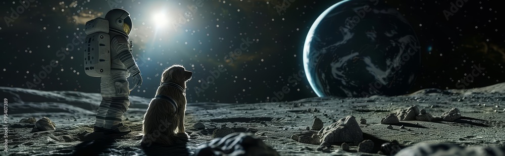 An astronaut and a loyal space dog in matching gear gaze at a distant Earth from the quiet ...