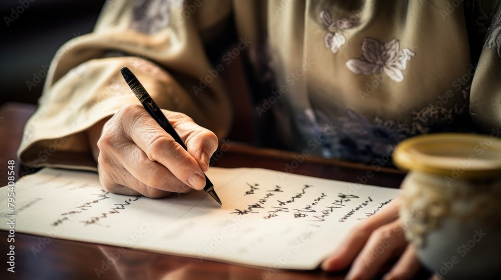 Japanese people wear traditional clothes and write letters with ink ...