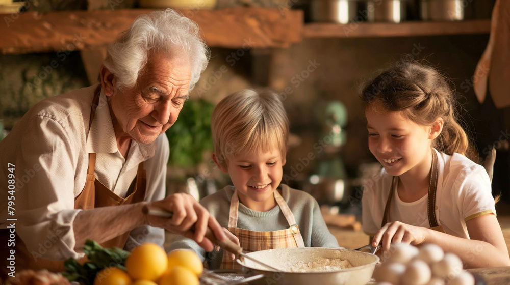 Grandparents teaching grandchildren how to cook traditional family ...