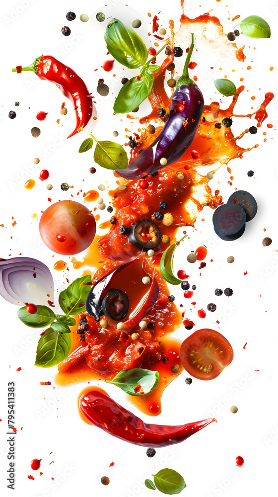 Explosion of sauces and fresh sliced vegetables flying on white ...