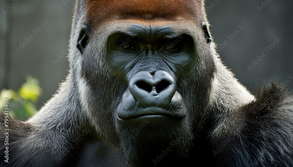 Portrait face powerful dominant male gorilla on black background ...