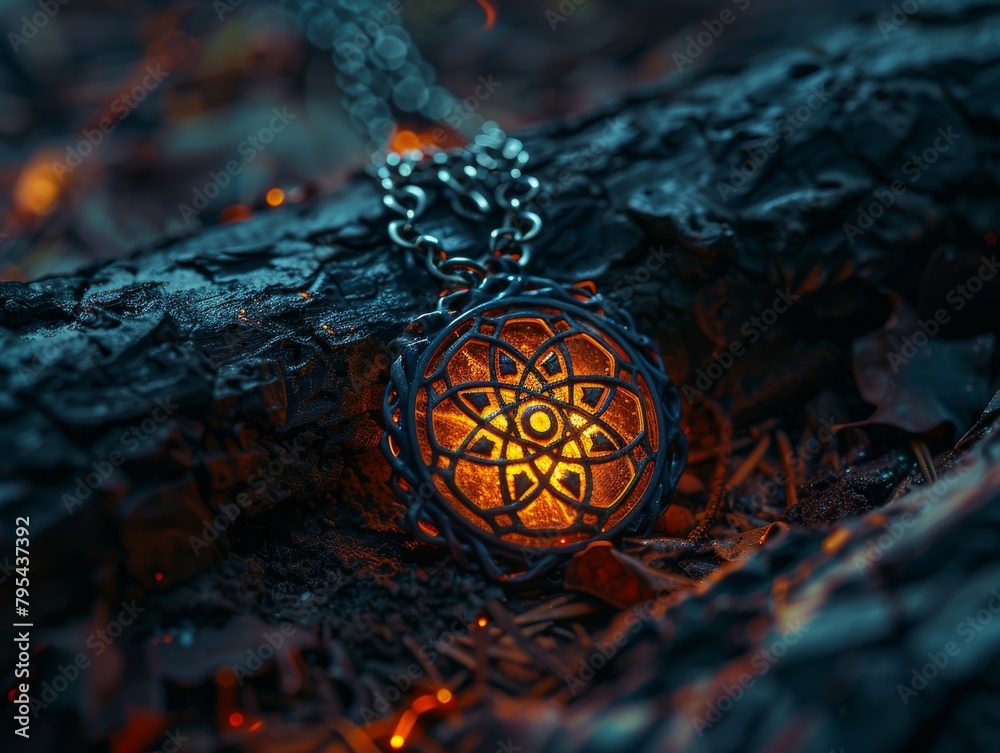 Mystical glowing magic amulet with ancient symbols lies on the ground ...