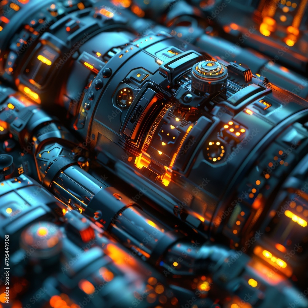 The image is a close-up of a complex machine. The machine is made of ...