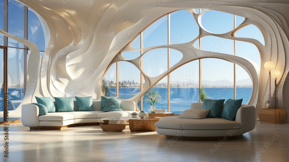 b'Futuristic interior design living room with large windows and curved ...