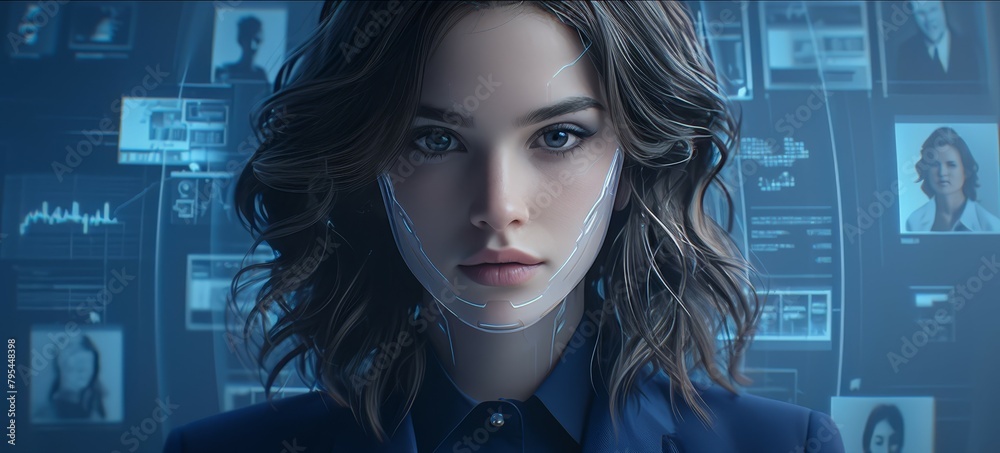 An interactive digital interface showing facial biometric contouring ...