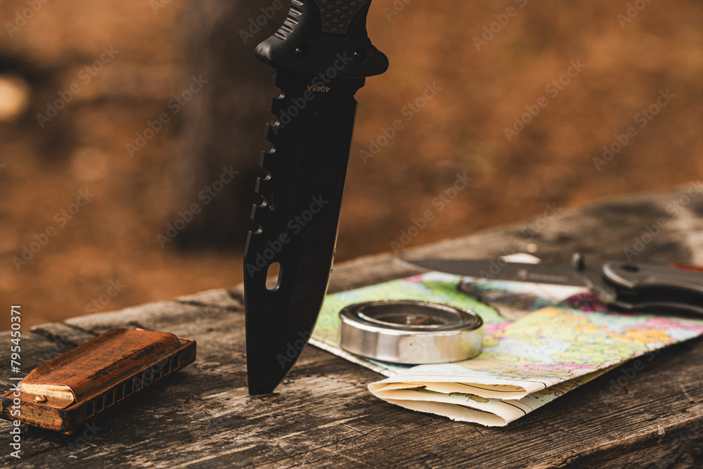 Survival and outdoor recreation kit, knife, compass, map and harmonica ...