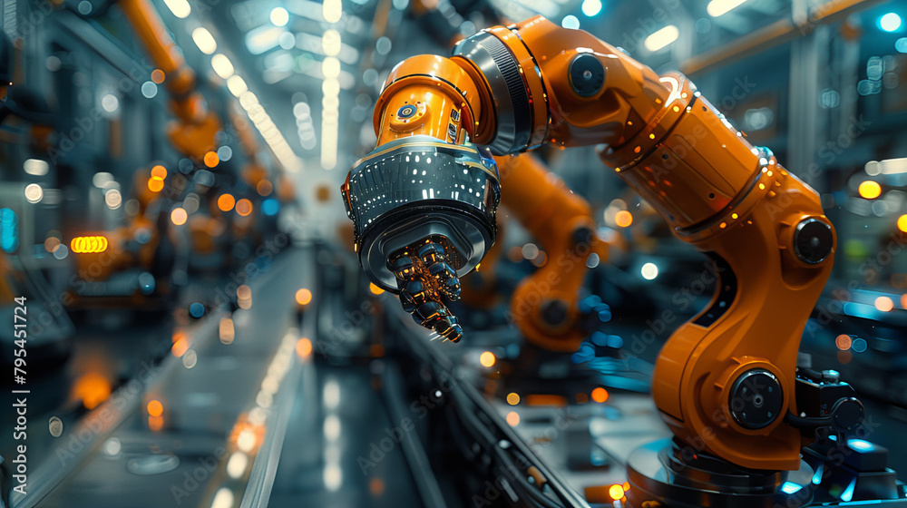 Industry Robotic arms in synchronized operation on an assembly line, illustrating the efficiency ...