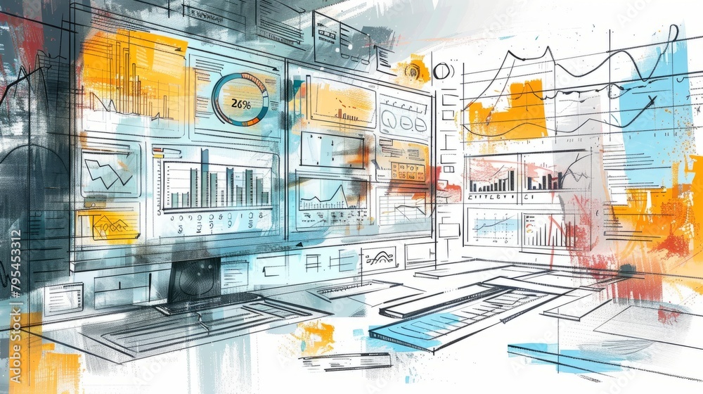 An illustration of a control room with multiple computer monitors displaying various graphs and ...
