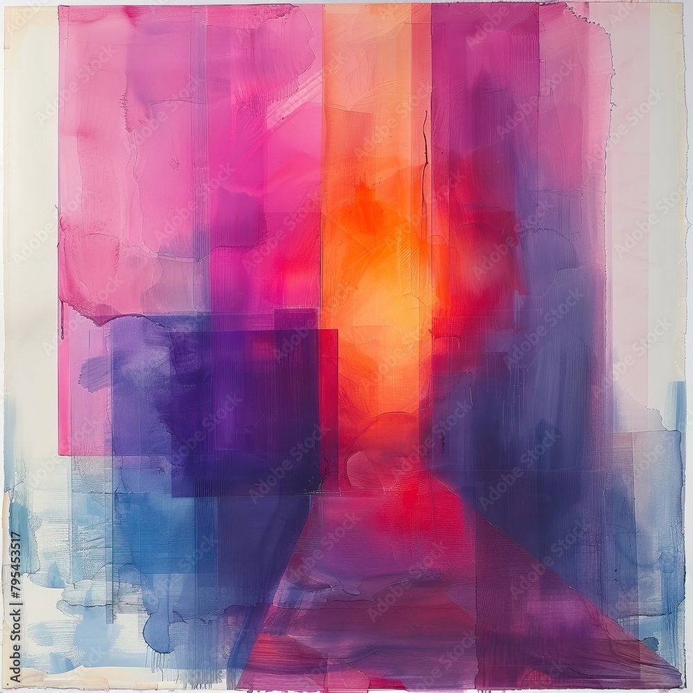 An abstract painting with bright, saturated colors. The painting is ...