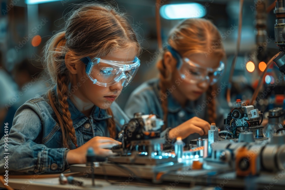 Two identical girls are engrossed in soldering activities with ...