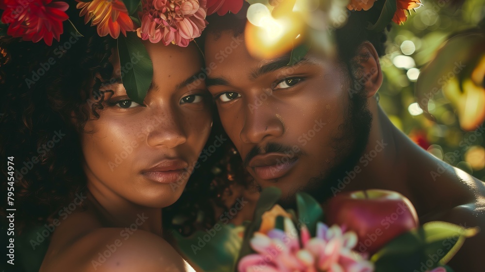 young black couple looking like Adam and Eve in the Garden of Eden ...