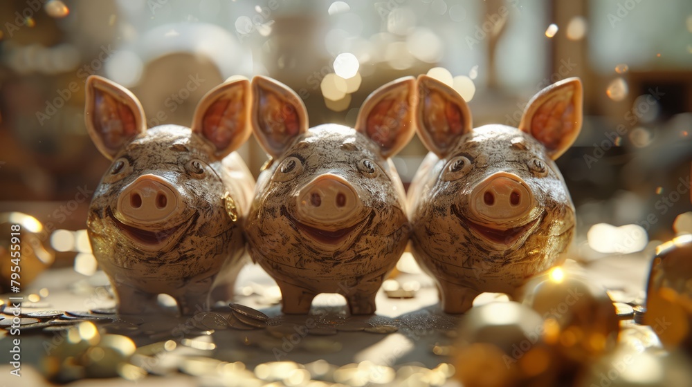 Three little smiling pigs standing in a row on a pile of golden coins ...
