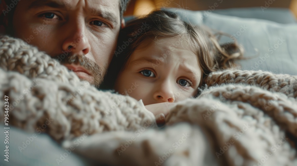 man take care of little ill daughter. Sick child lying on bed under ...