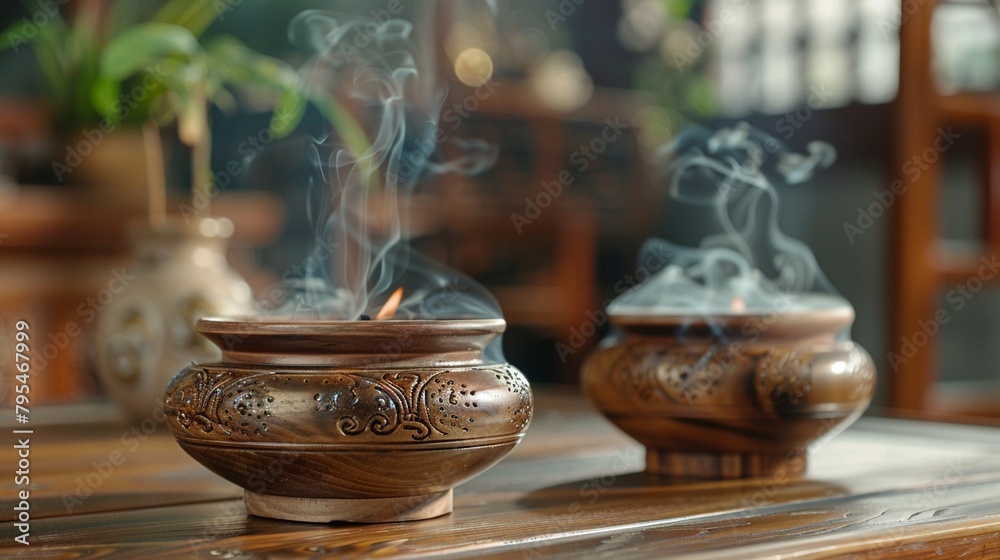 Bowls of incense emit smoke on a hardwood table, adding a soothing ...