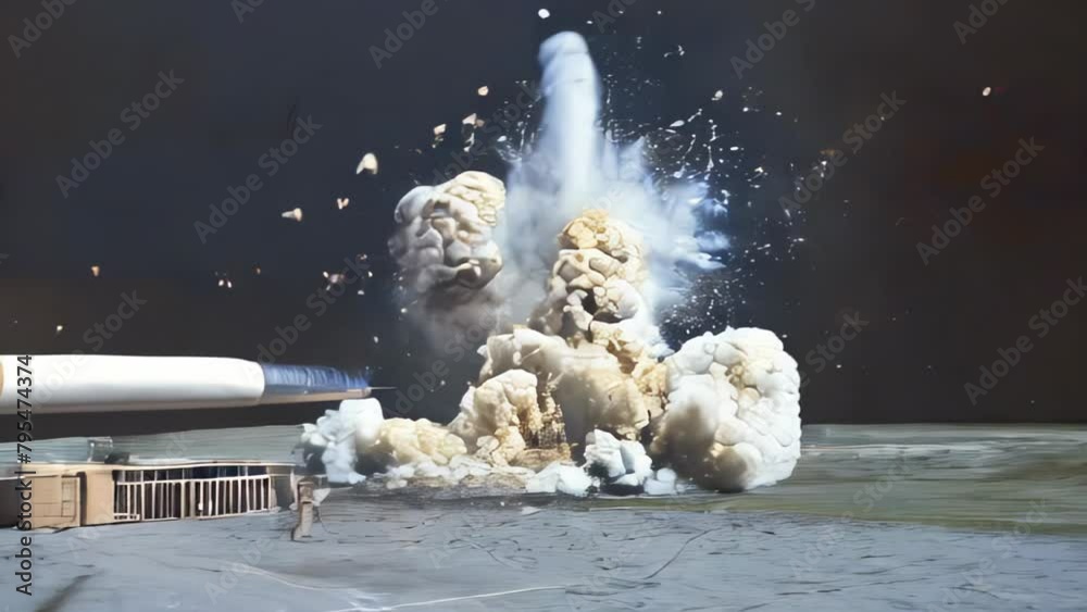 Rocket launch with puffs of smoke in space, fantastic scene, people in ...