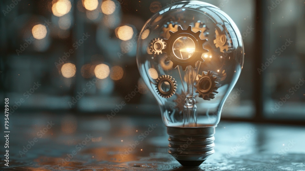 A 3D rendering of gears and cogs inside a transparent light bulb ...