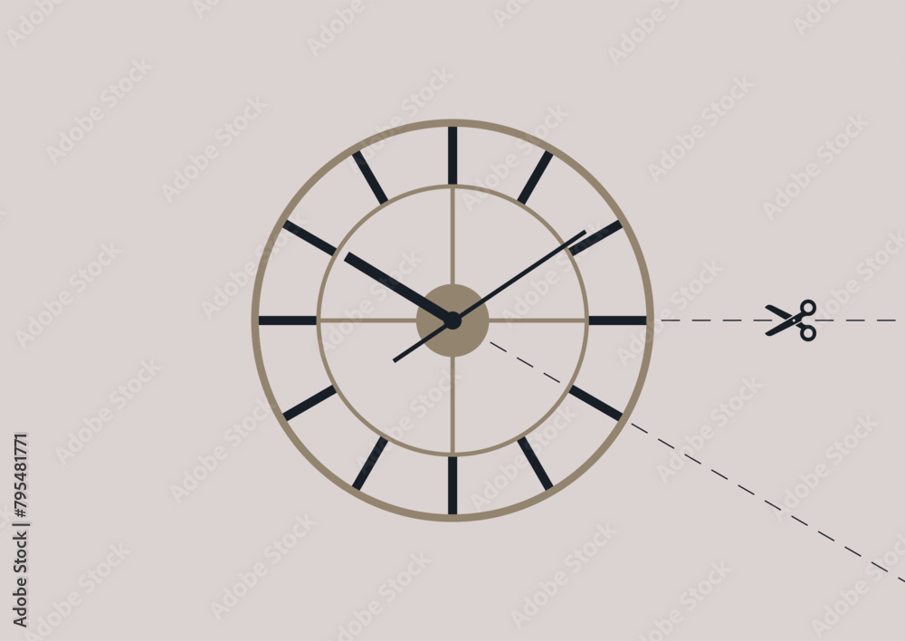Time management, Scissors poised to cut a dotted line intersecting a ...