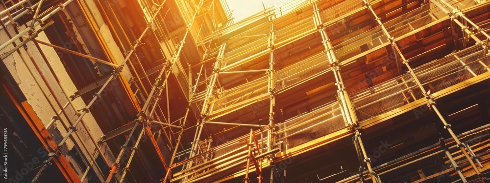 Sunlit Wooden Scaffolding Construction: A radiant low-angle perspective ...
