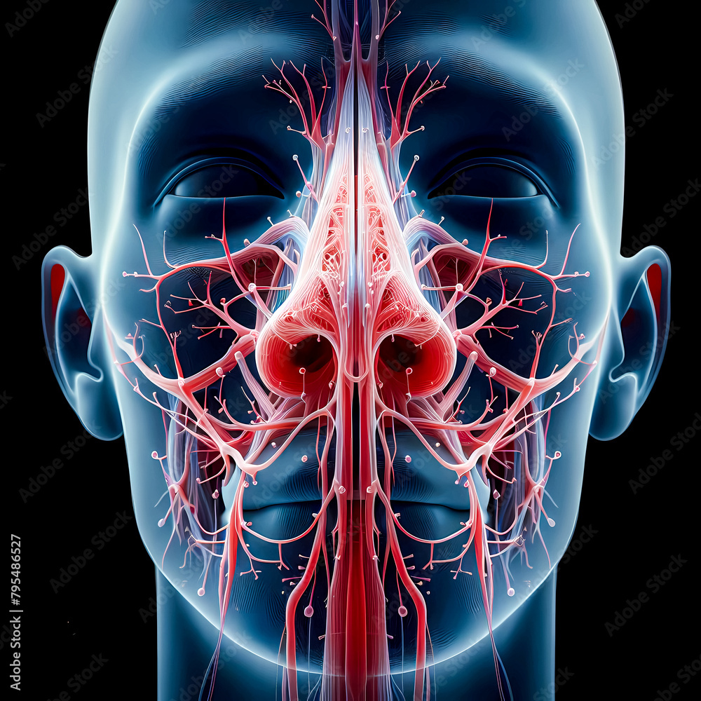 Anatomical front view illustration of the human nasal structure with ...