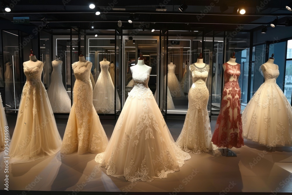 A display of wedding dresses in a store window. The dresses are all ...